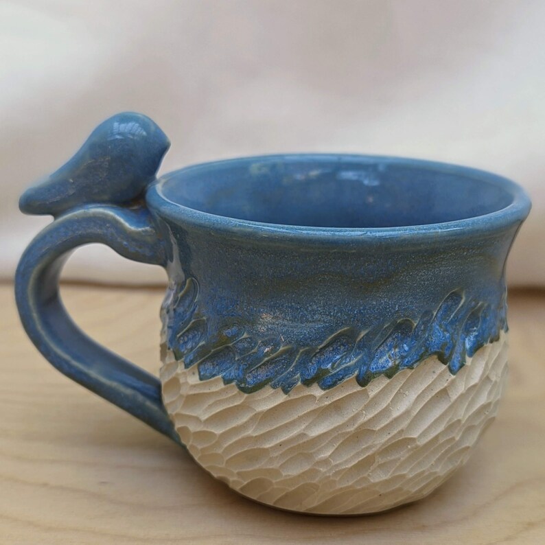 Light Blue Carved Handmade Ceramic Bird Mug, Simple Handmade Pottery ...