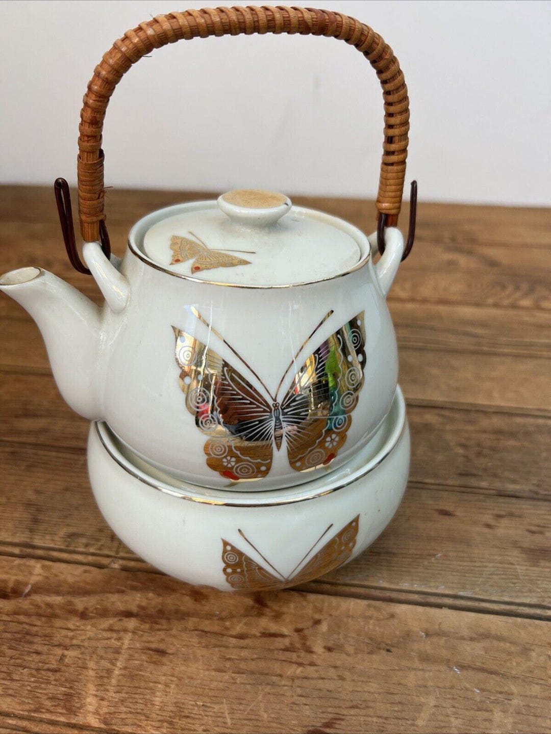 Vintage 1970 S Japanese Style Teapot Set Warmer Wicker Handle Gold ...