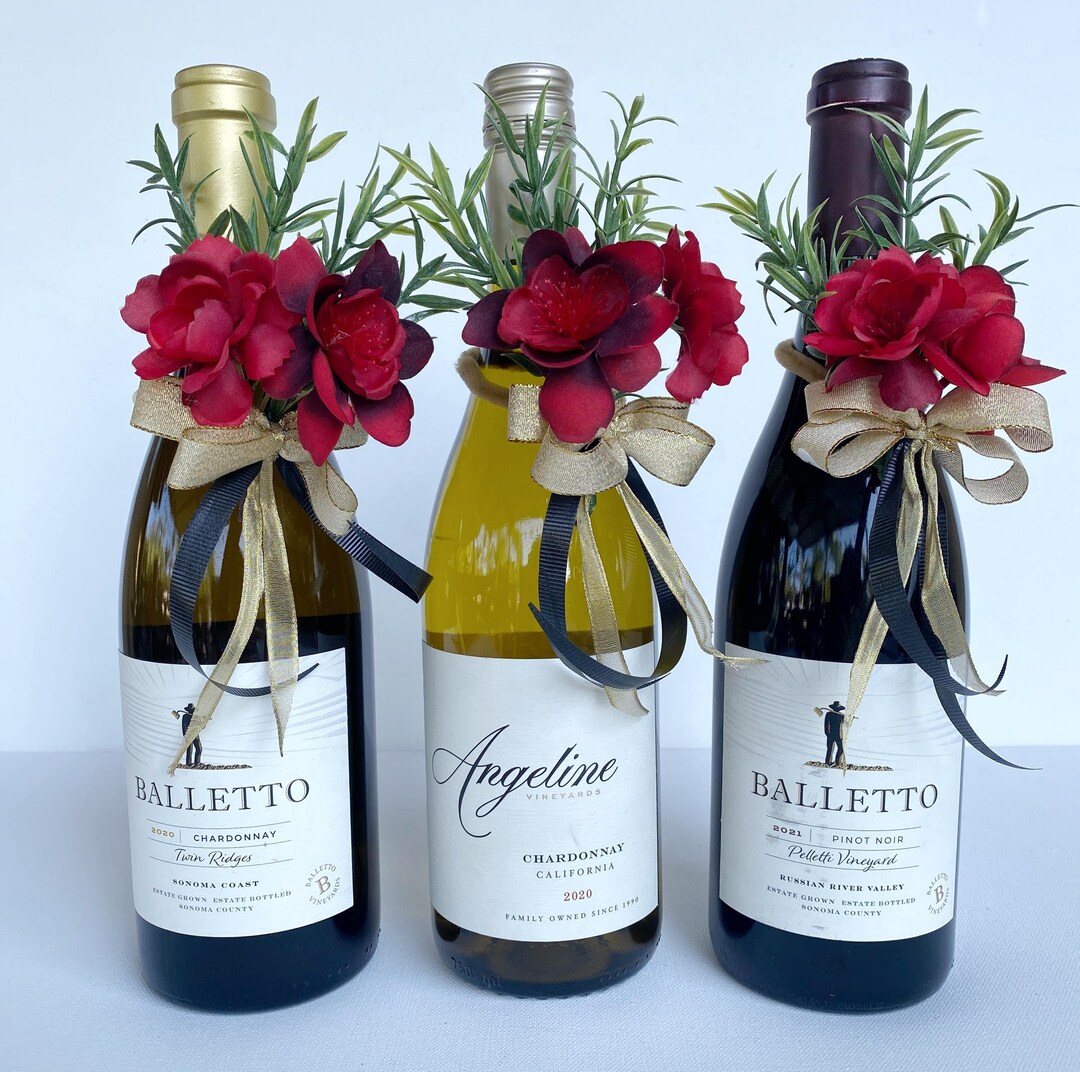 Wine Lover Gift, Faux Flower Arrangement for Wine Bottle Red, Gold and ...