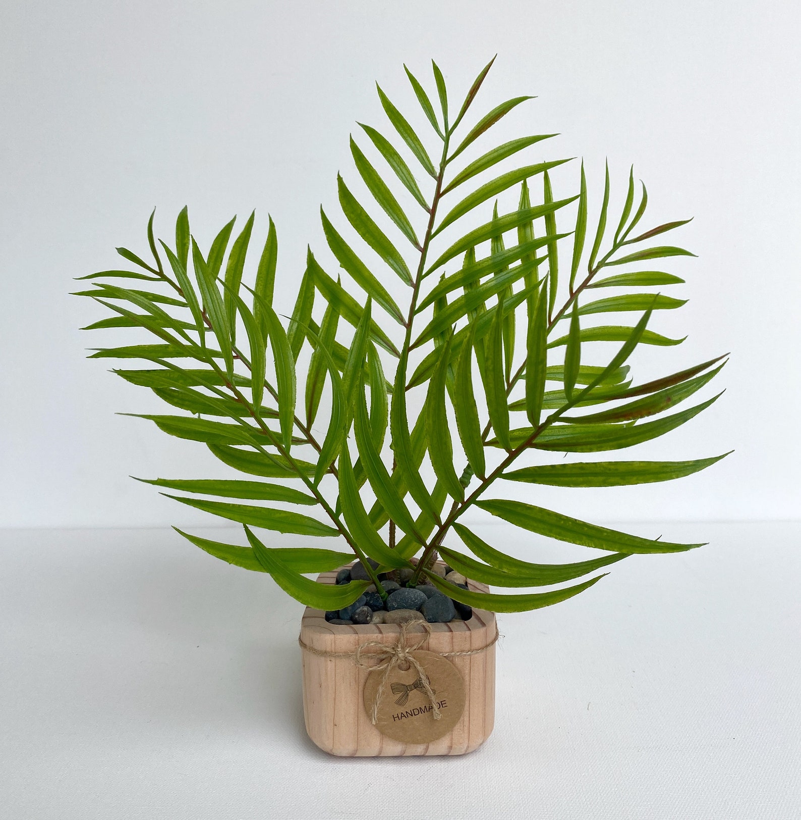 Artificial Palm Plant in Handmade Wood Pot - Small Faux Palm Tree ...