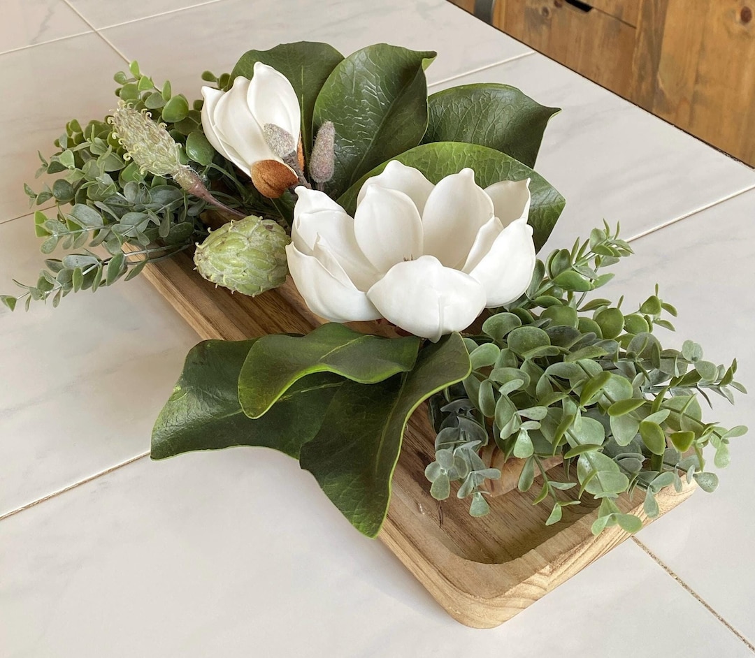 Table Centerpiece Wood and Magnolia Flowers - Real Touch Magnolia and ...