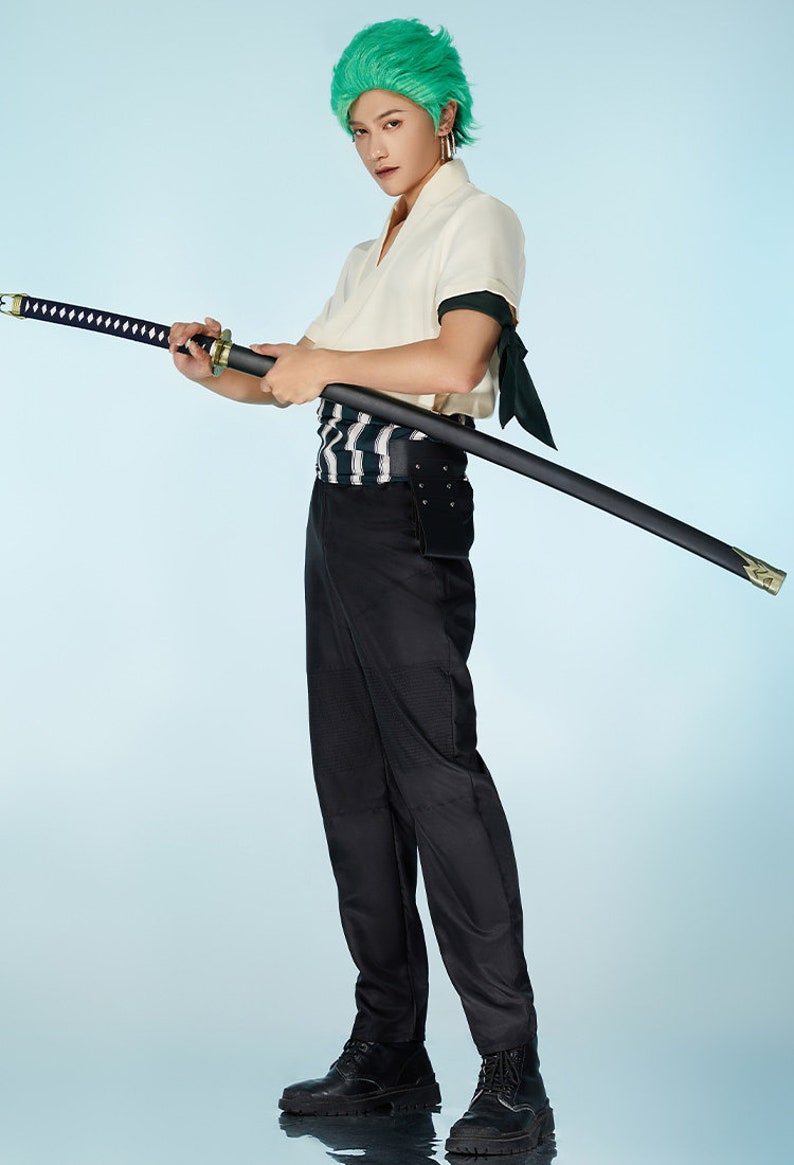 OP Zoro Cosplay Costume White Top Black Pants With Belt Earrings, Anime ...