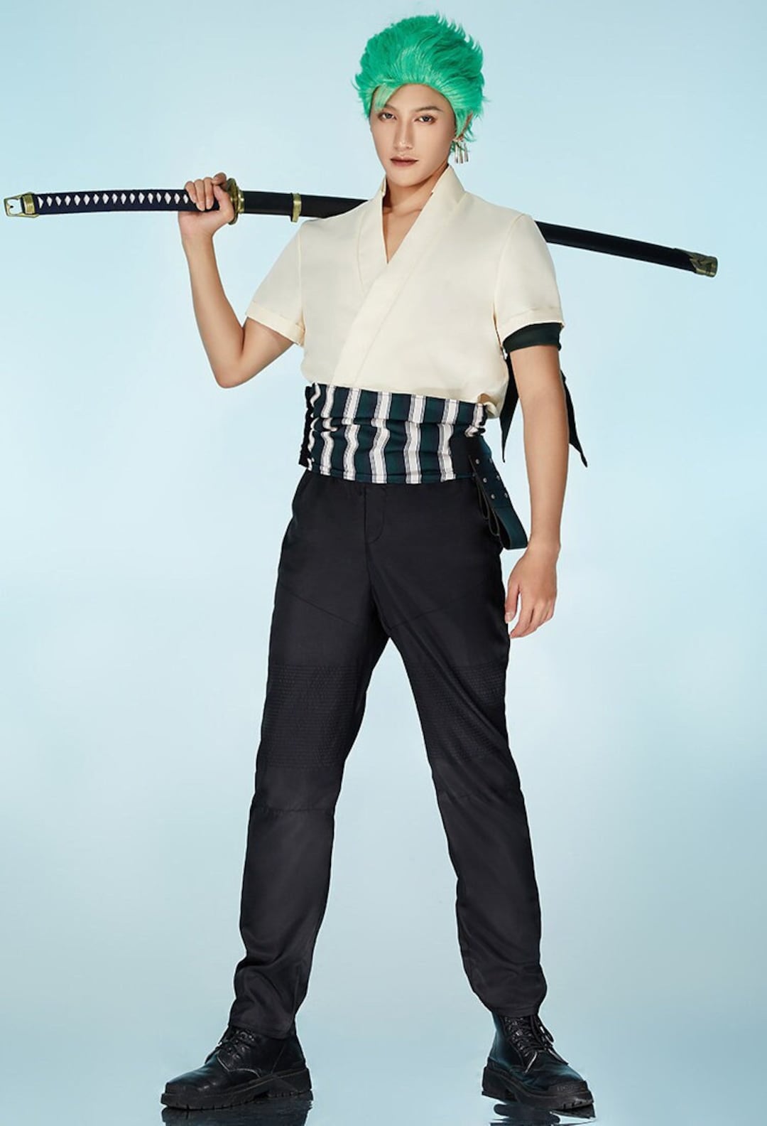 OP Zoro Cosplay Costume White Top Black Pants With Belt Earrings, Anime ...