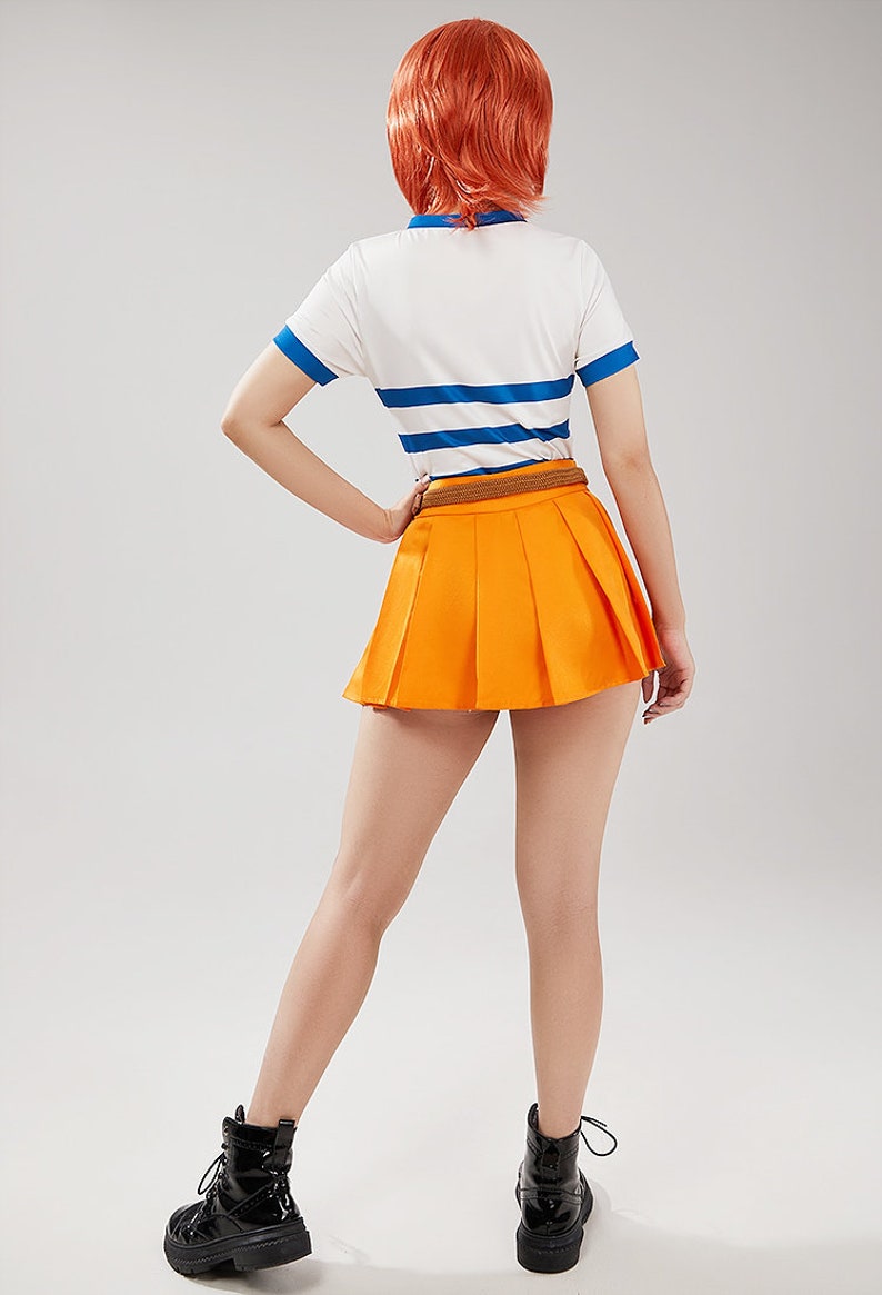 OP Nami Cosplay Costume White Blue Stripe Top Yellow Skirt Set With ...