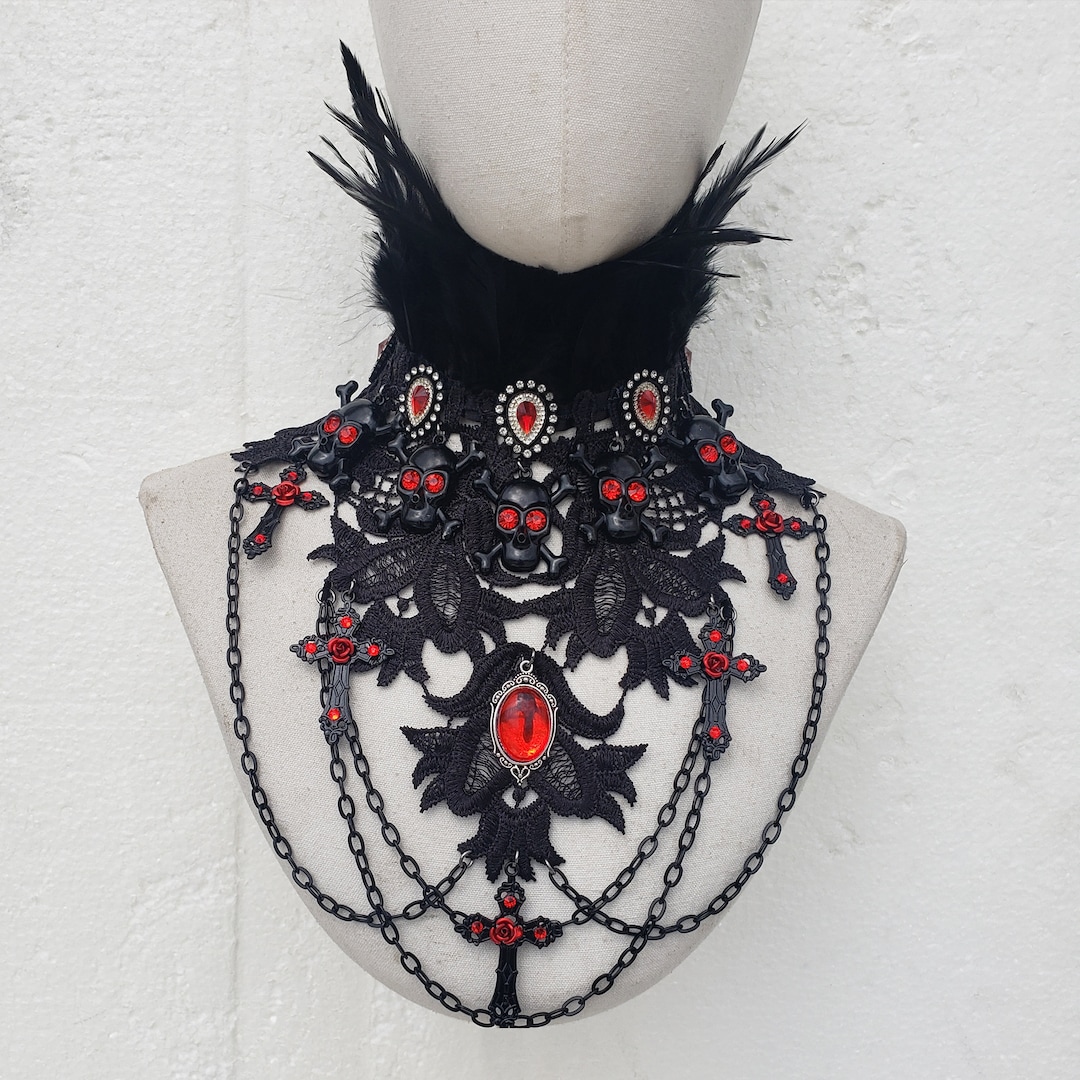 Gothic Feather Choker, Goth Skull Cross Necklace,vampire Choker,black ...