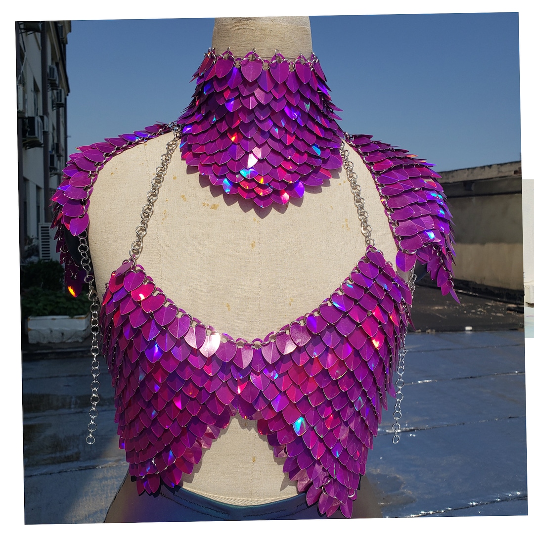 Holographic Pink Scalemail Armor: Shoulder Pauldrons & Choker - Dragon ...