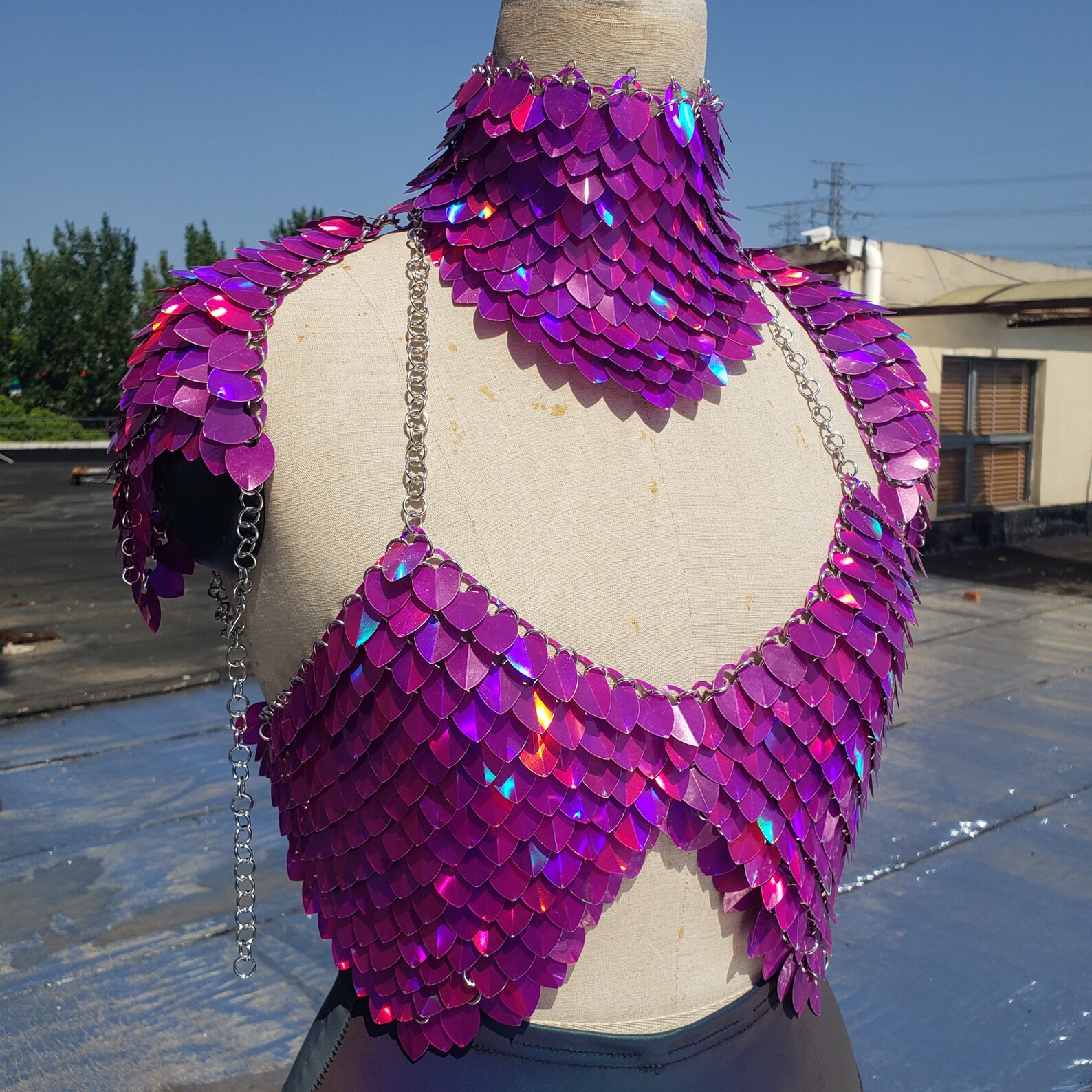 Holographic Pink Scalemail Armor: Shoulder Pauldrons & Choker - Dragon ...