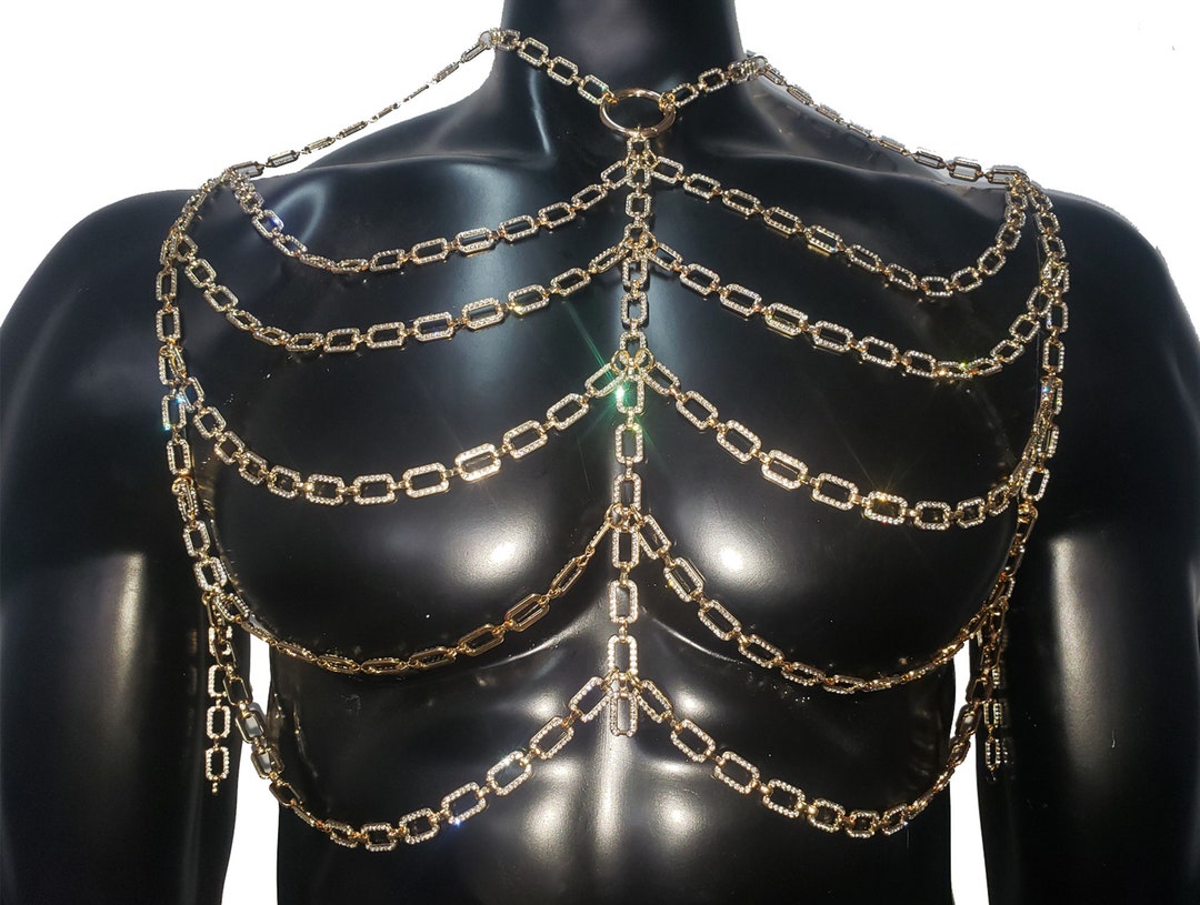 Gold Rhinestone Chain Men Chest Harness,body Chain,gay Outfit,rave ...