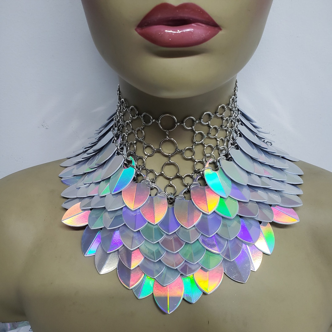 Holographic Rainbow Alloy Scalemail Choker Collar ,dragon Scale ...