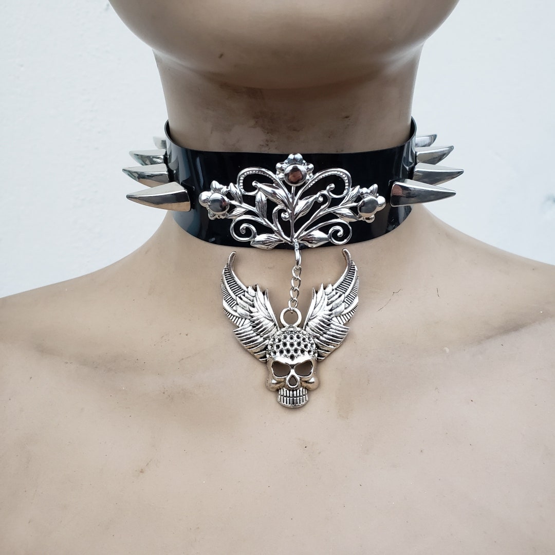 Gothic Choker With Skull,spike Choker,gothic Collar, Vintage Choker,pvc ...
