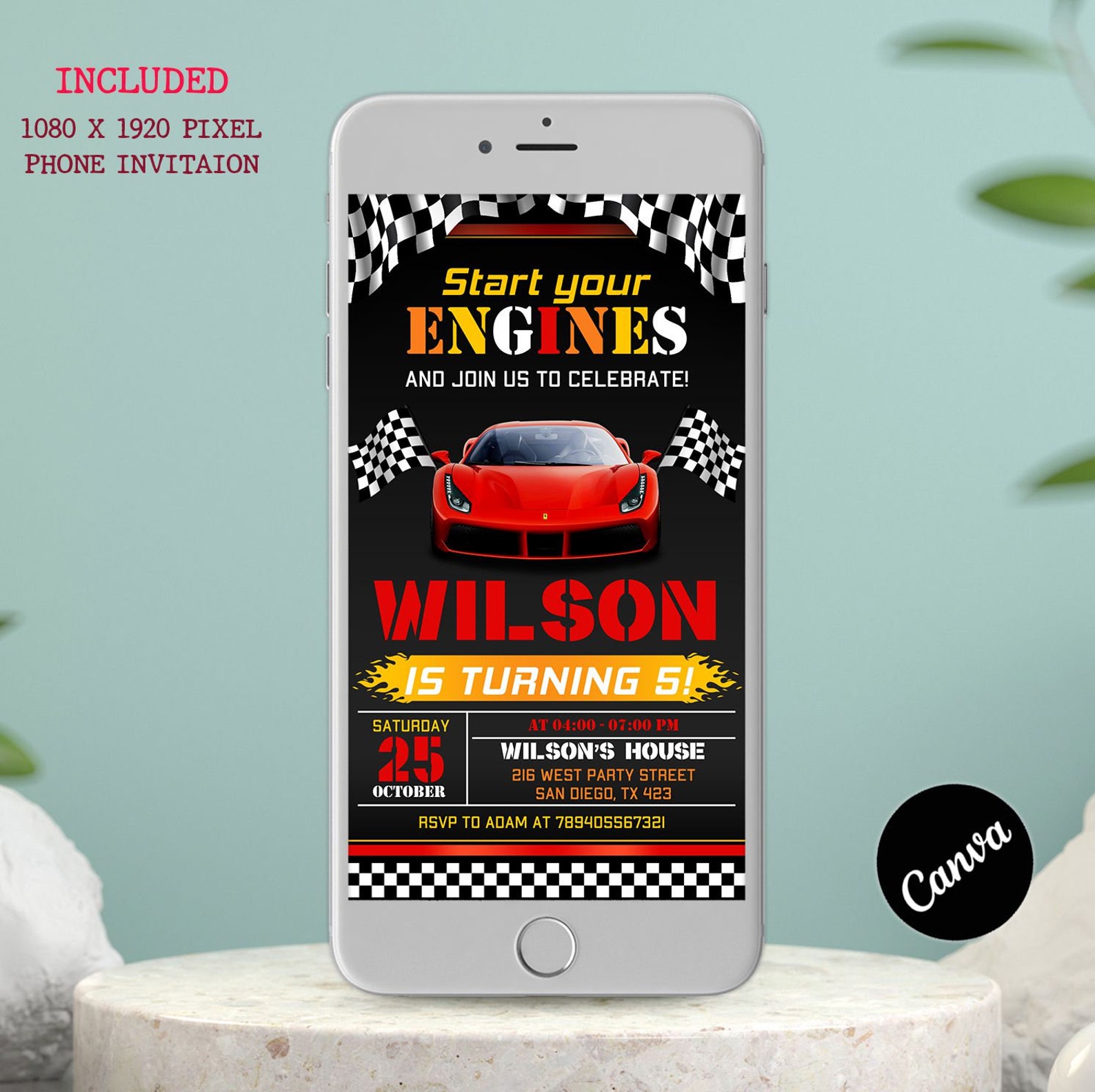 Race Car Phone Birthday Invitation, Race Car Birthday Party Invitation ...