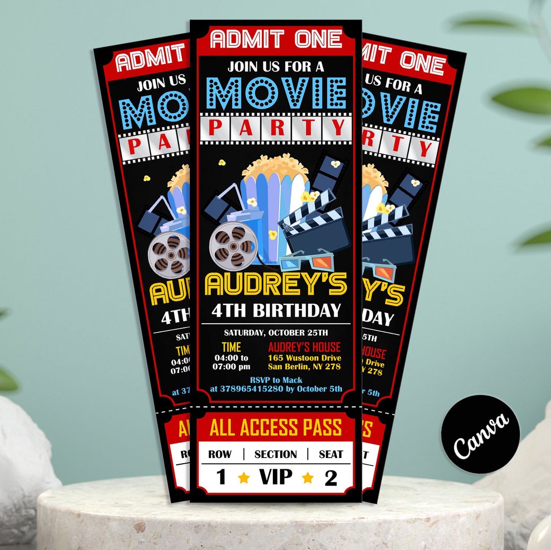 Editable Movie Ticket Birthday Invitation, Movie Party Ticket, Movie ...