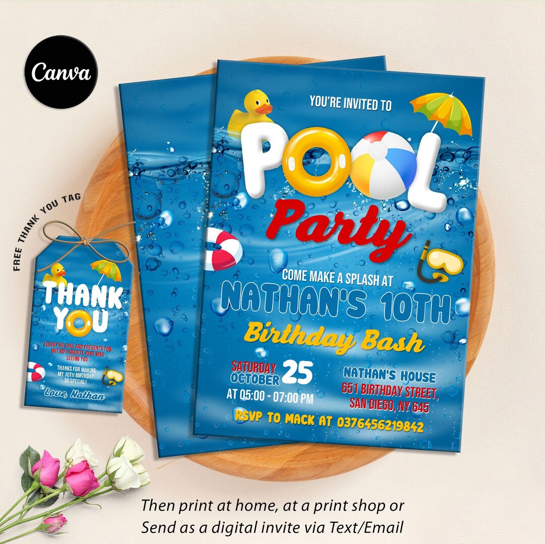 Editable Pool Invitation, Pool Birthday Party Invitation, Birthday ...