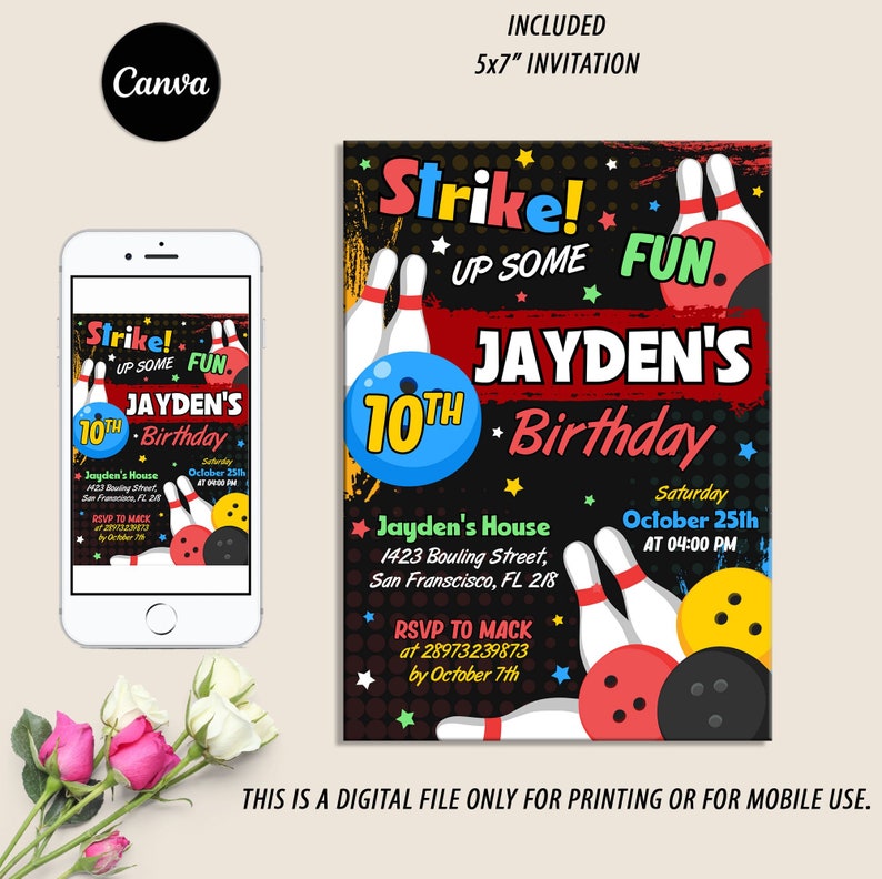 Editable Bowling Invitation, Bowling Birthday Party Invitation, Glow ...
