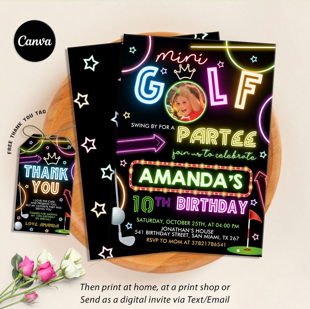Mini Golf Invitation, Golf Birthday Party Invitation, Neon Glow Invites ...