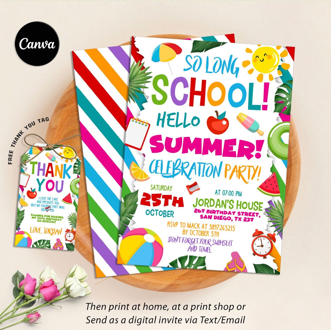 End of School Hello Summer Invitation, Schools Out Party Invitation ...
