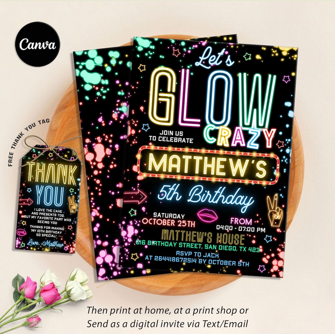 Editable Glow Invitation, Neon Glow Birthday Invitation, Glow Birthday ...