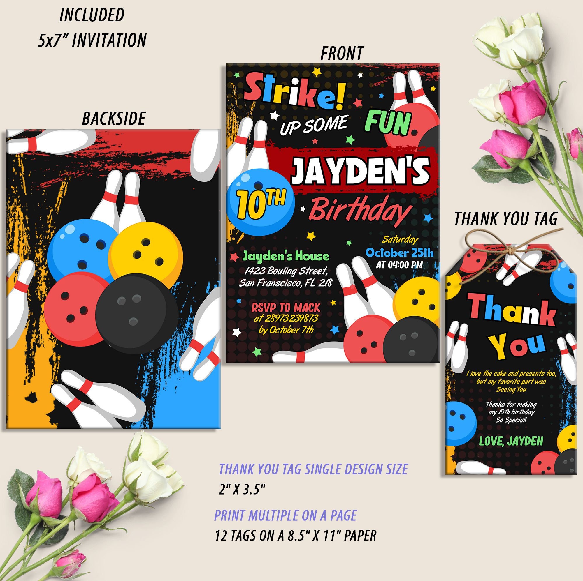 Editable Bowling Invitation, Bowling Birthday Party Invitation, Glow ...
