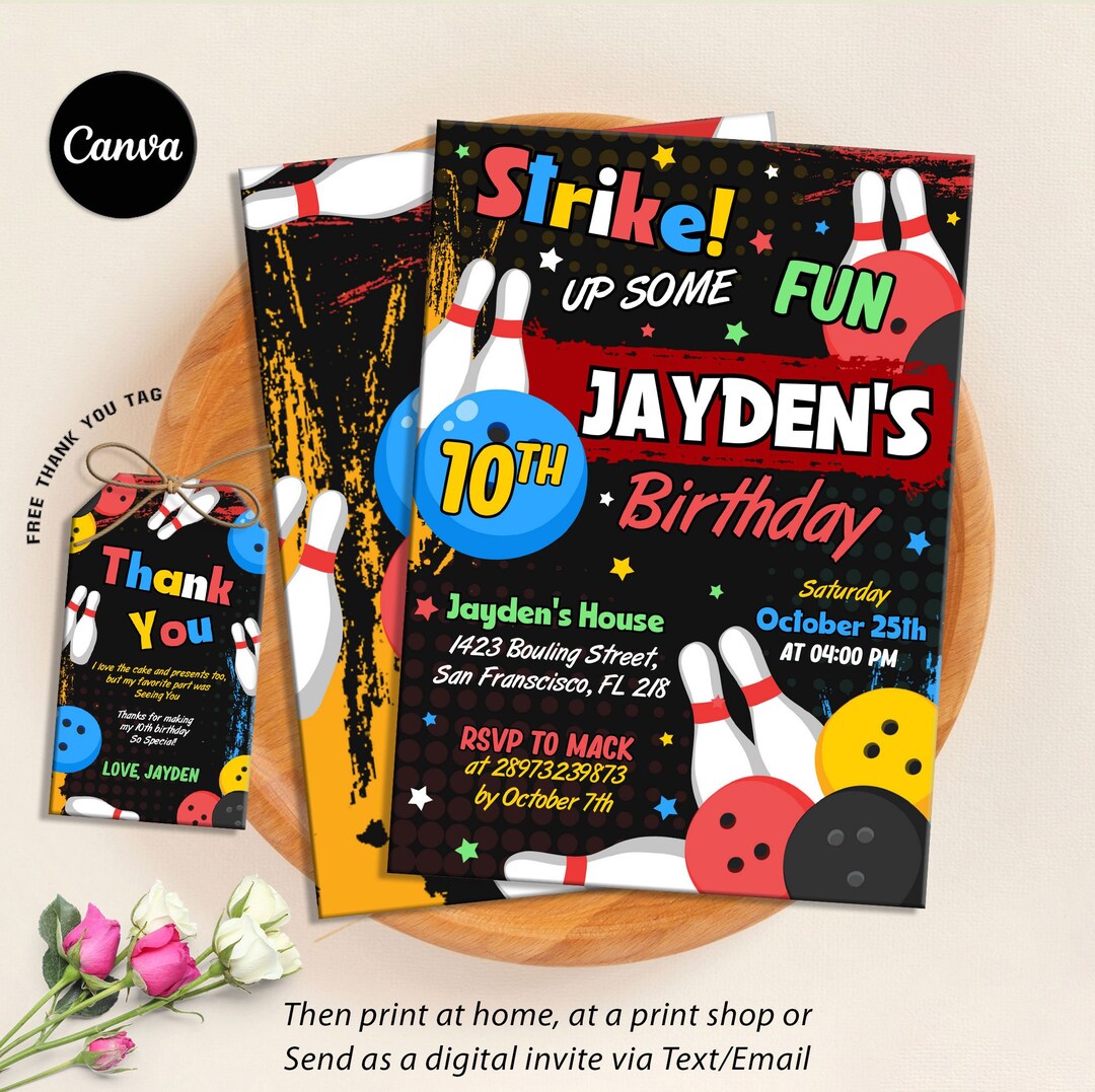 Editable Bowling Invitation, Bowling Birthday Party Invitation, Glow ...