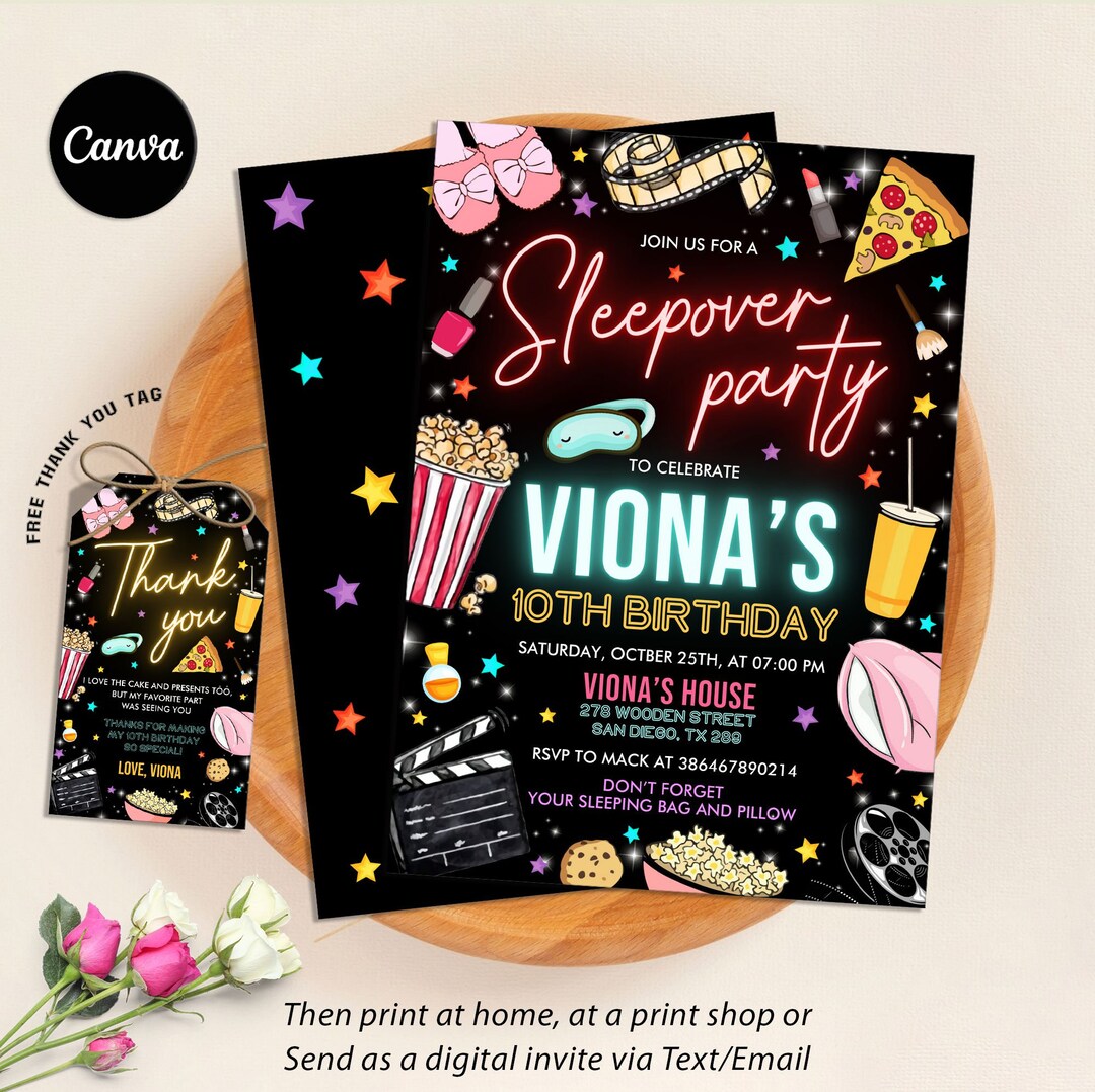 Editable Sleepover Birthday Invitation, Neon Sleepover Invite, Slumber ...
