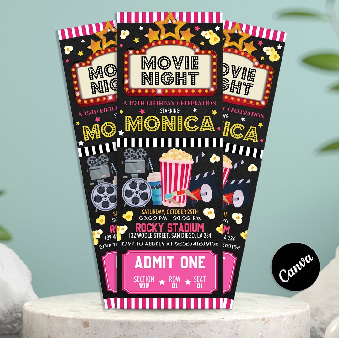 Girls Movie Ticket Invite, Movie Night Invitation, Pink Movie Birthday ...