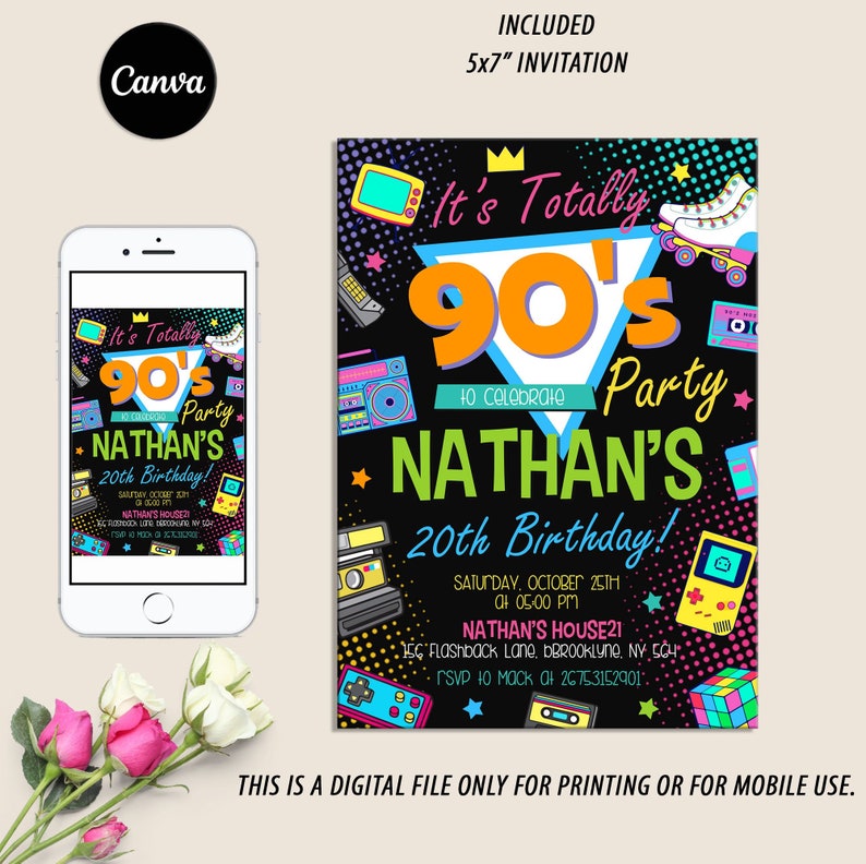 Editable 90s Party Invitation, Back to the 90s, Throwback Party, House ...