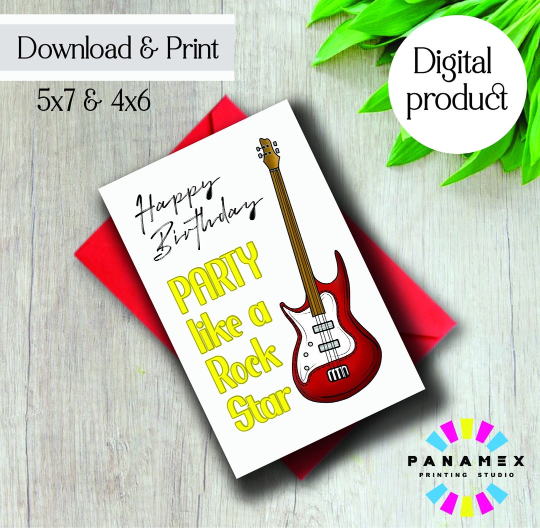 Printable Rock Star Birthday Cards, Digital Birthday Card, Download and ...