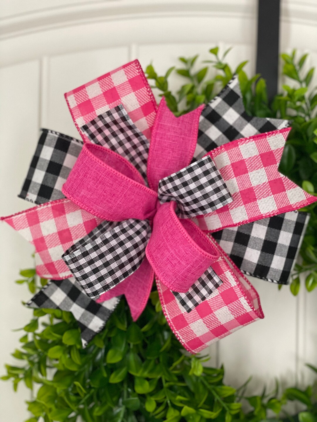 Buffalo Plaid Spring Wreath Bow, Pink & Black Ribbon Bow, Bright Pink ...