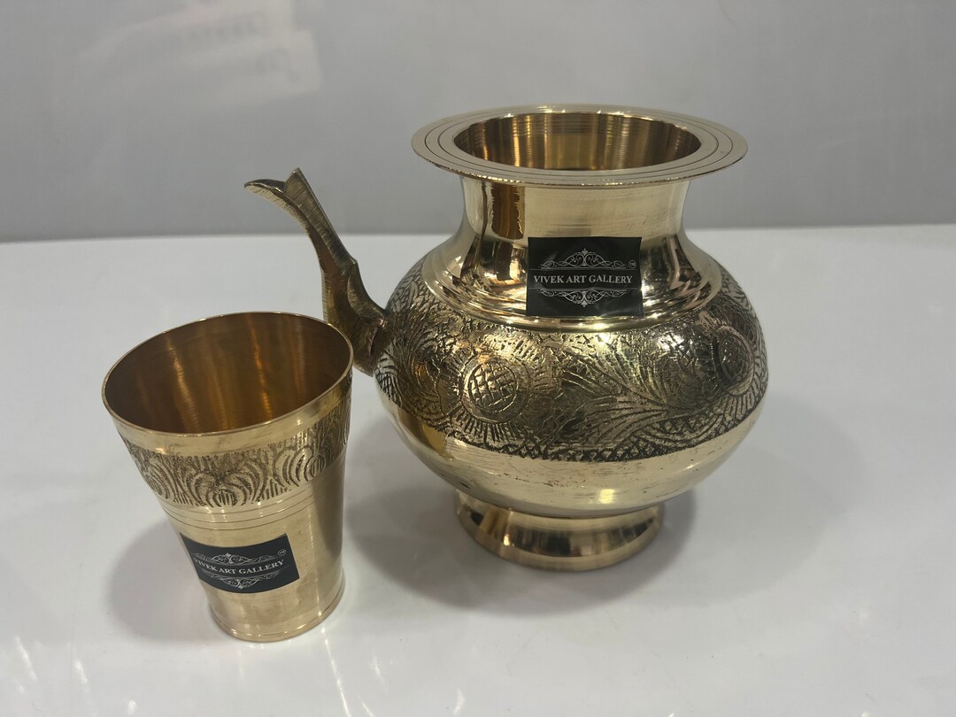 100% Pure Brass Ganga Sagar Brass Lota Pot With Glass Embossed Finis ...