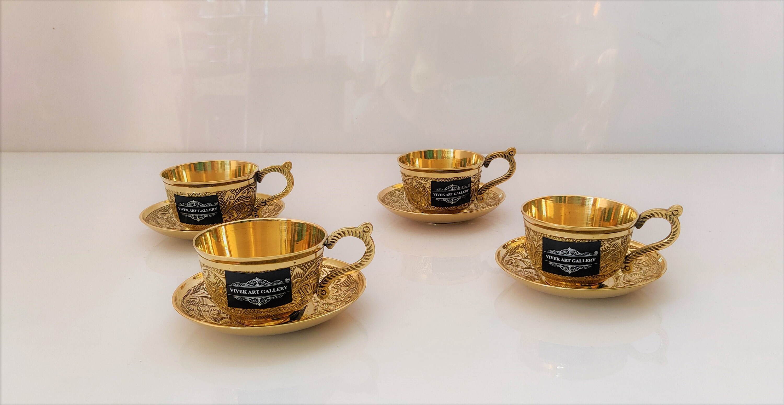 Handmade Stylish Pure 100% Brass Tea Cup Set With Costar 4 Tea Cup and ...