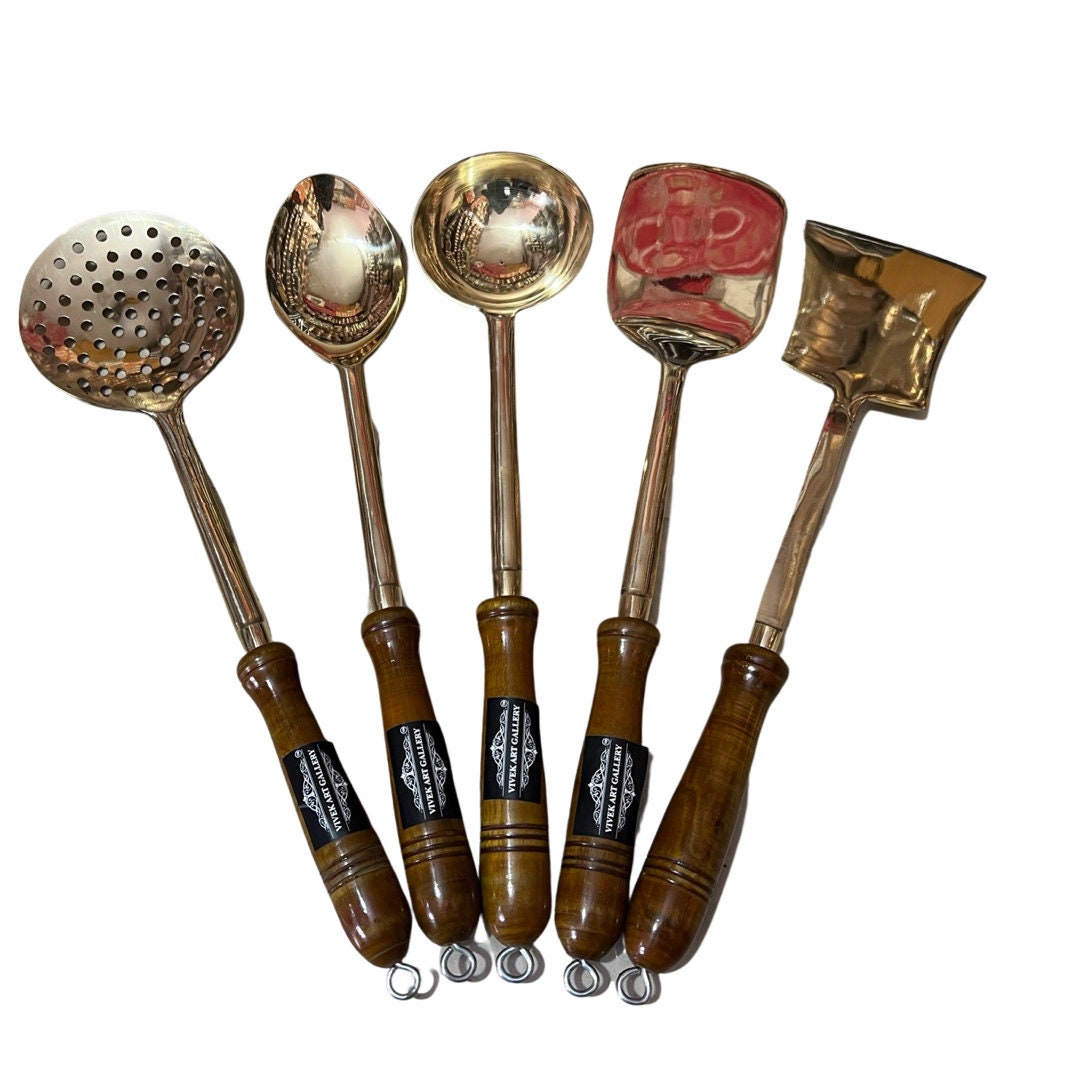 Hammered Brass Kitchen Utensils With Wooden Handal Cooking Spoon Sat ...