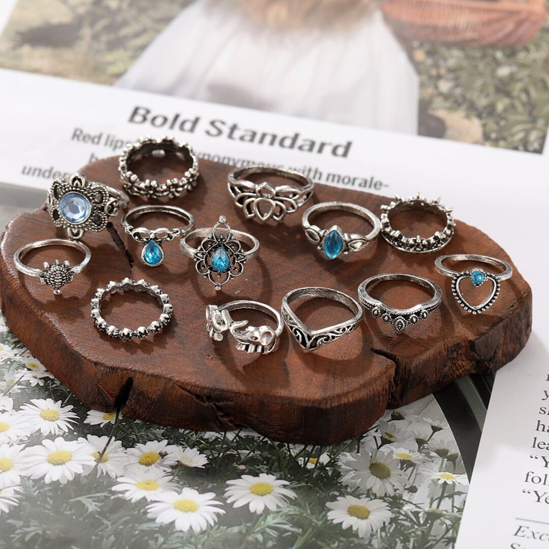 13 Pcs Boho Crystal Knuckle Rings Set Gemstone Vintage Stackable Finger ...