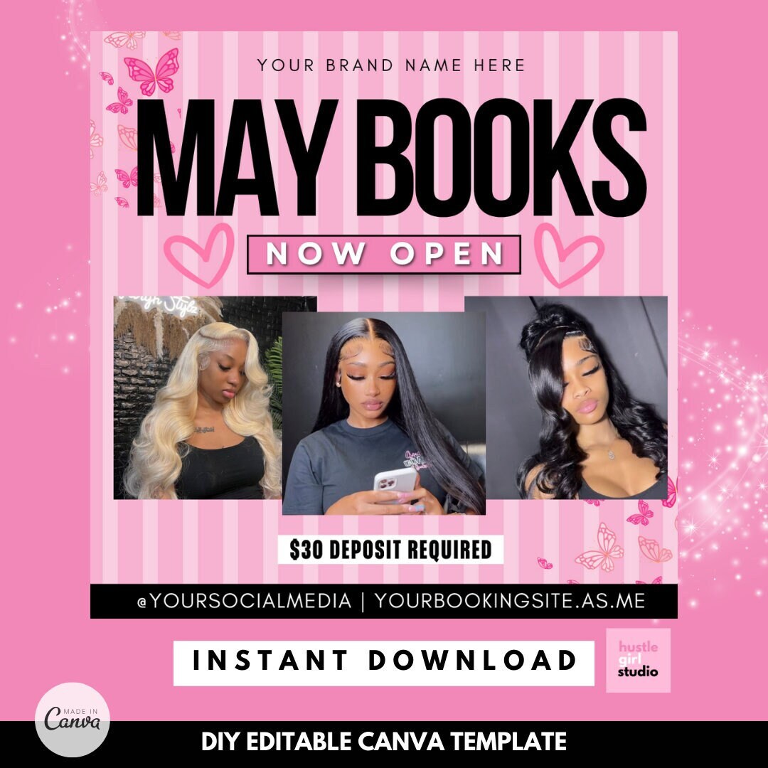 May Books Open Flyer, Hair, Lashes, Nails Canva Template (digital ...