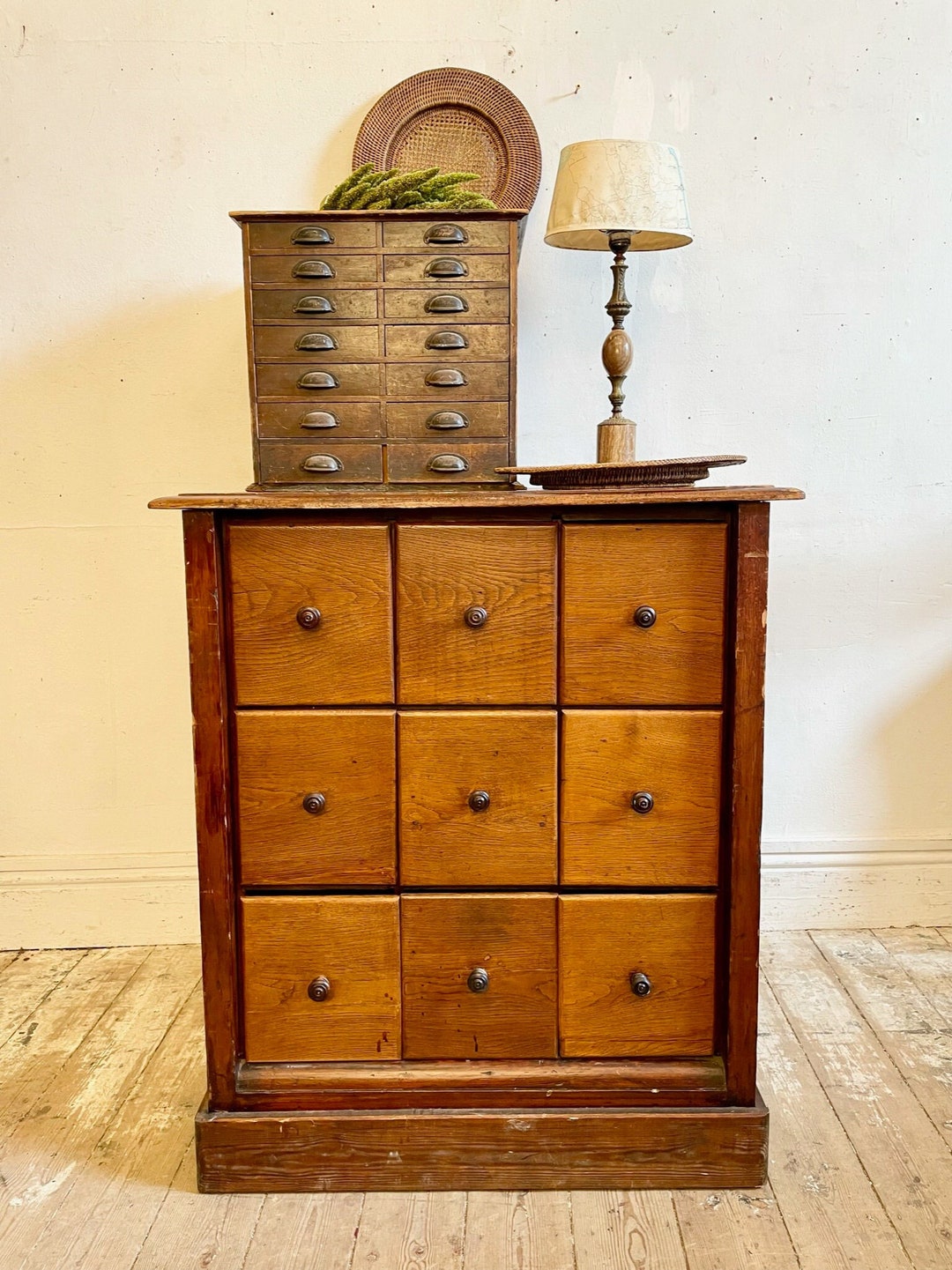 1930's Pine Bank of Drawers W/ Oak Fronts Antique Storage Simple ...