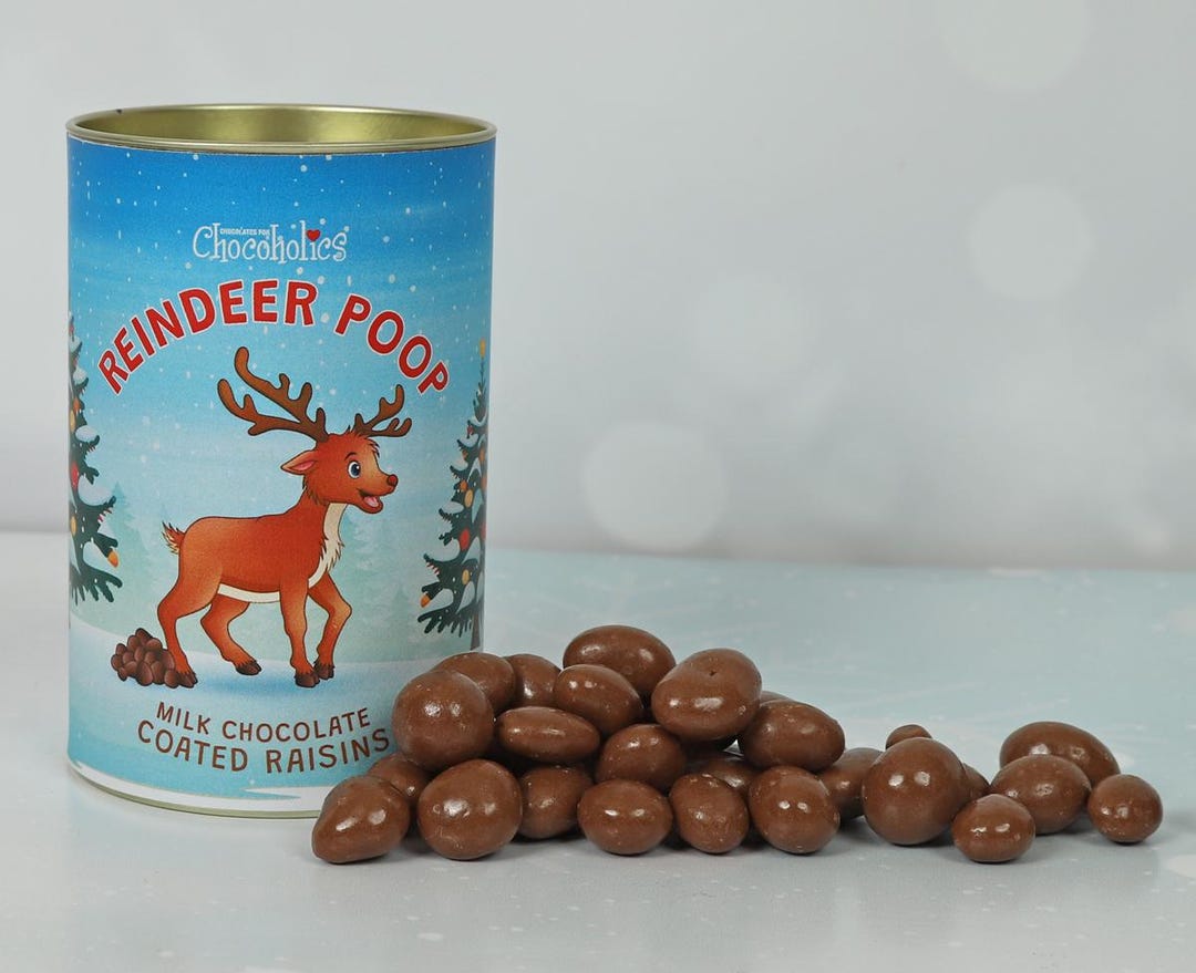 Reindeer Droppings Chocolate Tin, Milk Covered Chocolate Raisin Tin ...