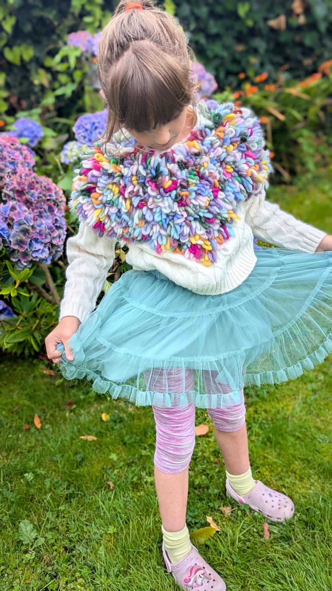 Girls' Cable Knit Jumper & Teal Tutu Set: Multi-coloured Loopy Design ...