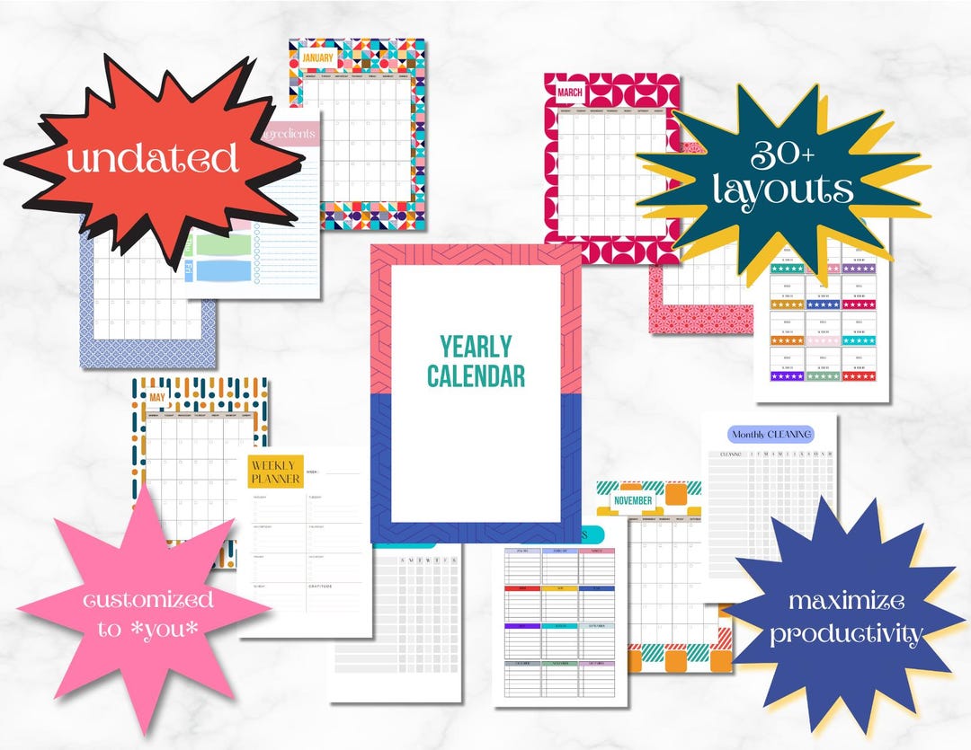 Undated Yearly Calendar, Yearly Planner, Printable Productivity Planner ...