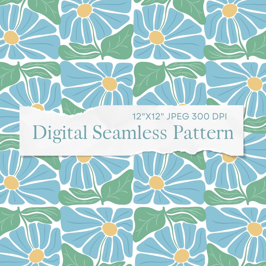 Blue and Green Boho Groovy Flower Seamless Pattern - Abstract Floral ...