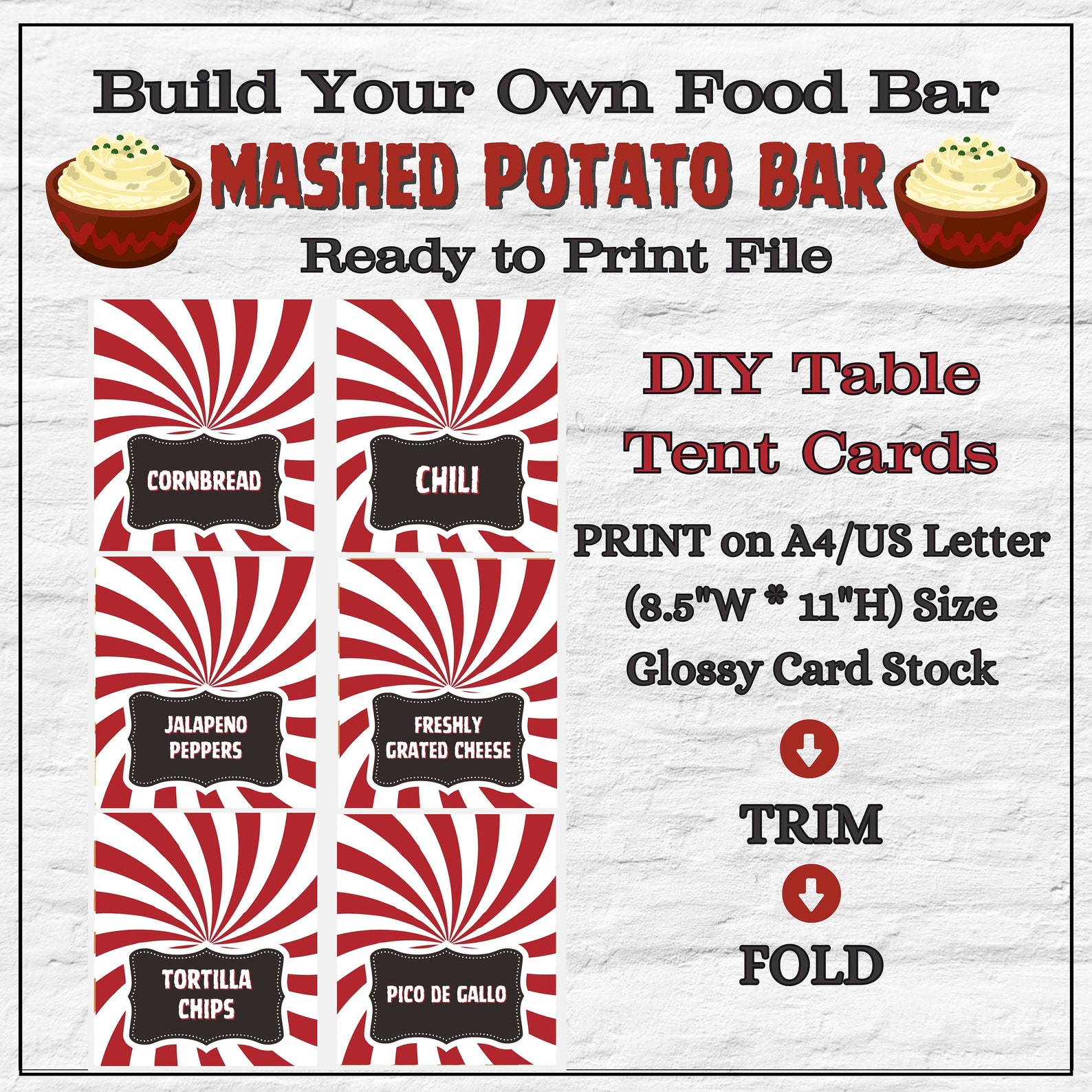 Build Your Own Mashed Potato Bar Sign | Buffet Sign Set With Food Tent ...
