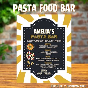 PASTA Bar, Custom Pasta Station Sign, Food Bar Poster Sign, Buffet ...