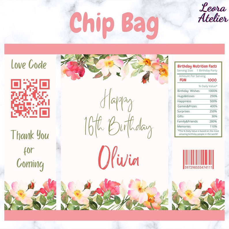 PINK FLORAL Chip Pouch Candy Bag Editable Any Event Chip - Etsy