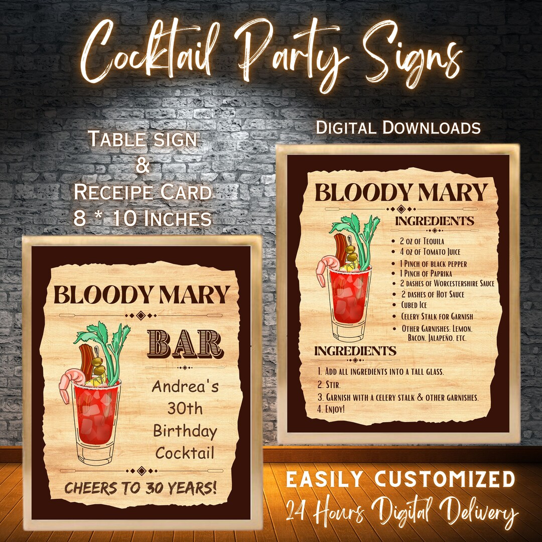 BLOODY MARY Bar Table Sign Recipe Card, Signature Drink, DIY Cocktail ...