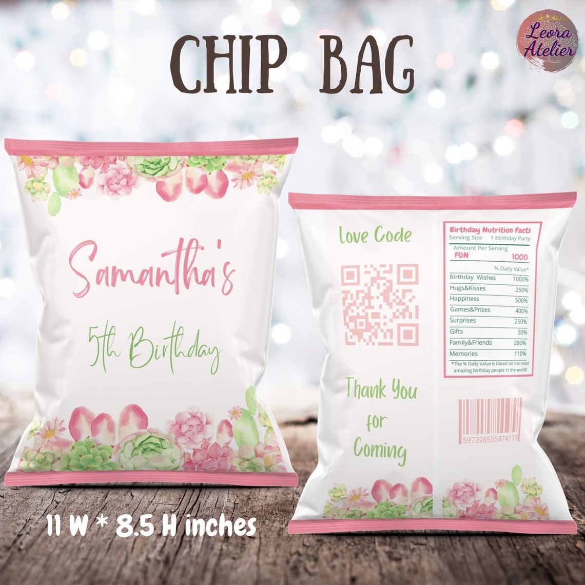 SUCCULENTS Printable Chip Bag Candy Bag Label Editable Any - Etsy