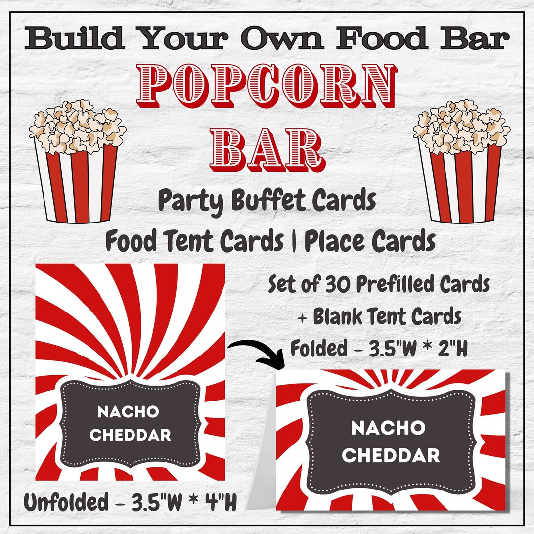 Build Your Own POPCORN Bar Food Tent Cards, Buffet Signs, Food Label ...