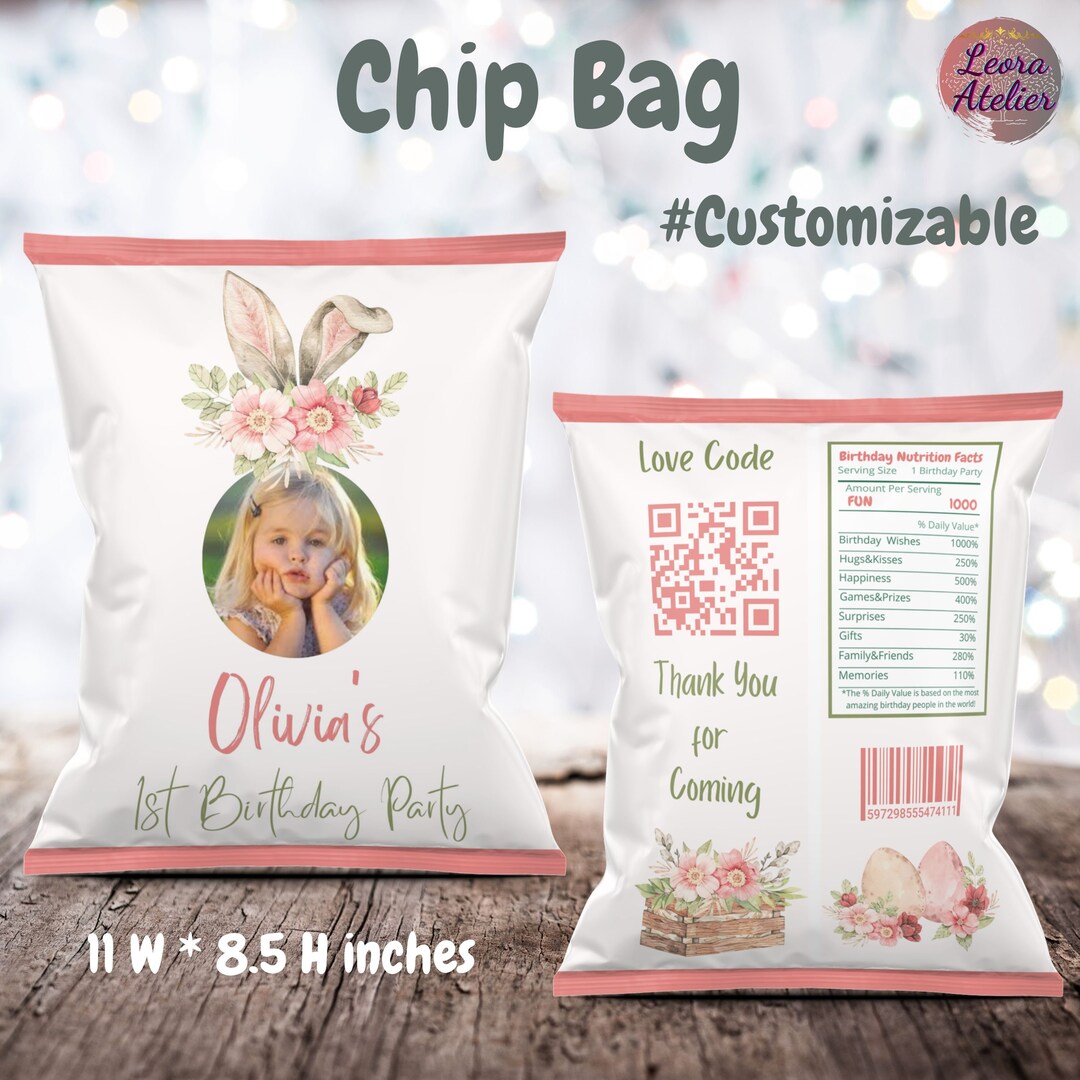 PINK BUNNY Printable Candy \ Chip Bag Label, Editable PHOTO Chip Bag ...