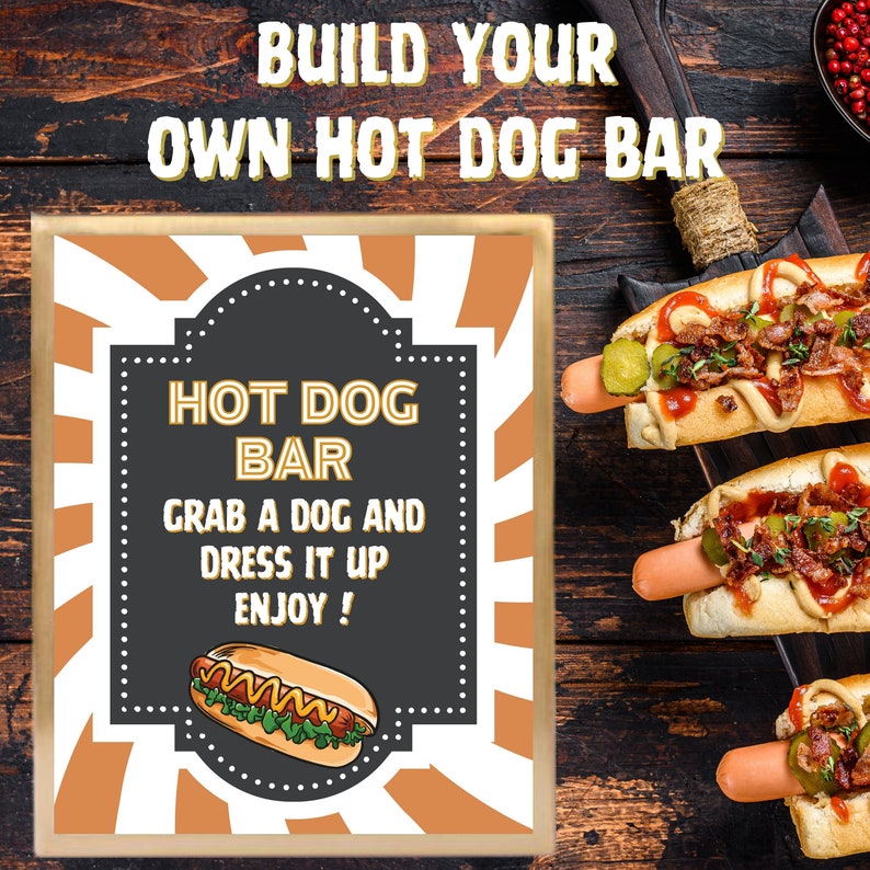 Build Your Own Hot Dog Bar | Food Bar Buffet Sign, Buffet Cards ...