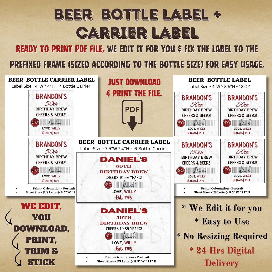 We Edit –you Print, Printable Custom BEER Bottle Label 12oz + Bottle ...