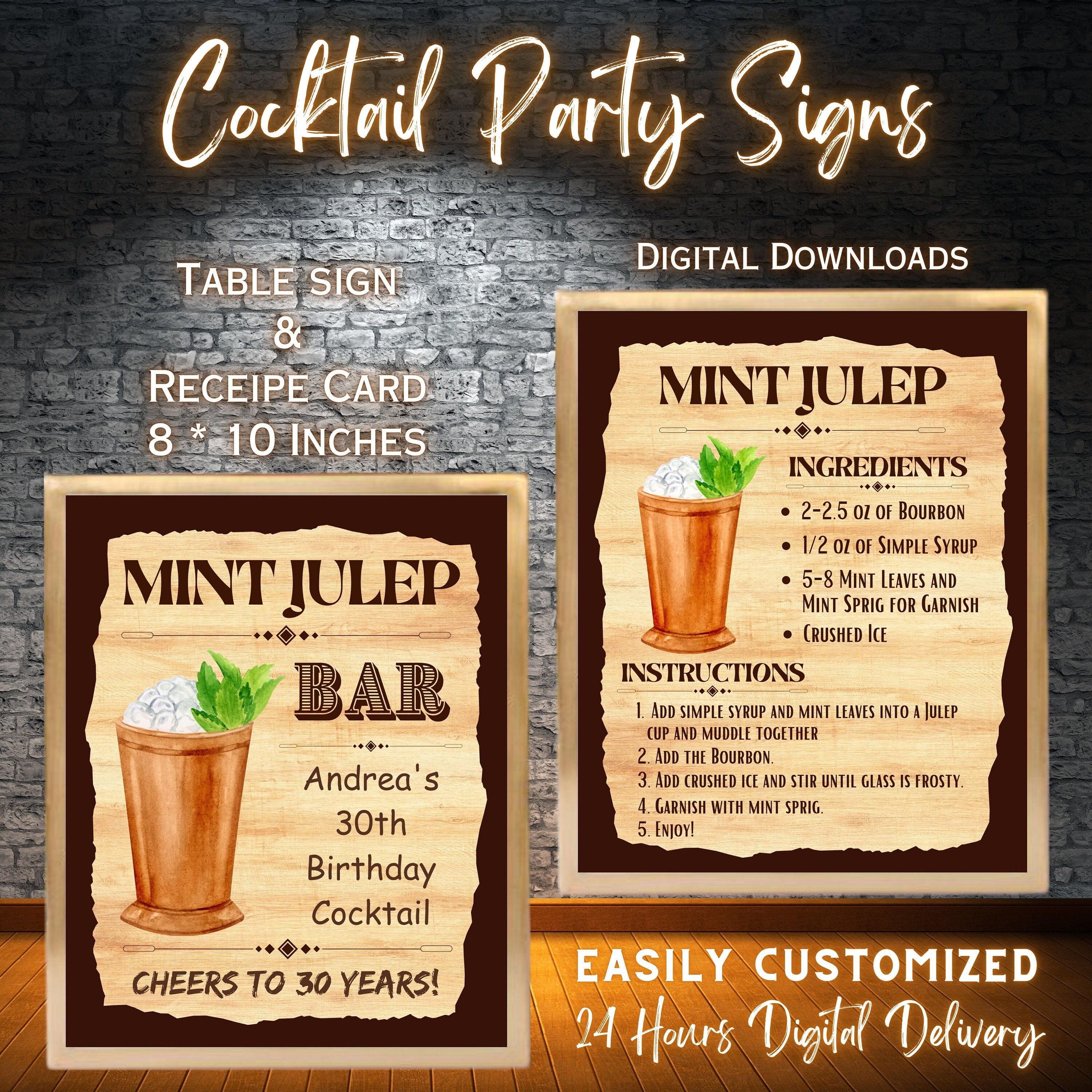 MINT JULEP Bar Table Sign Recipe Card, Signature Drink, Diy COCKTAIL ...