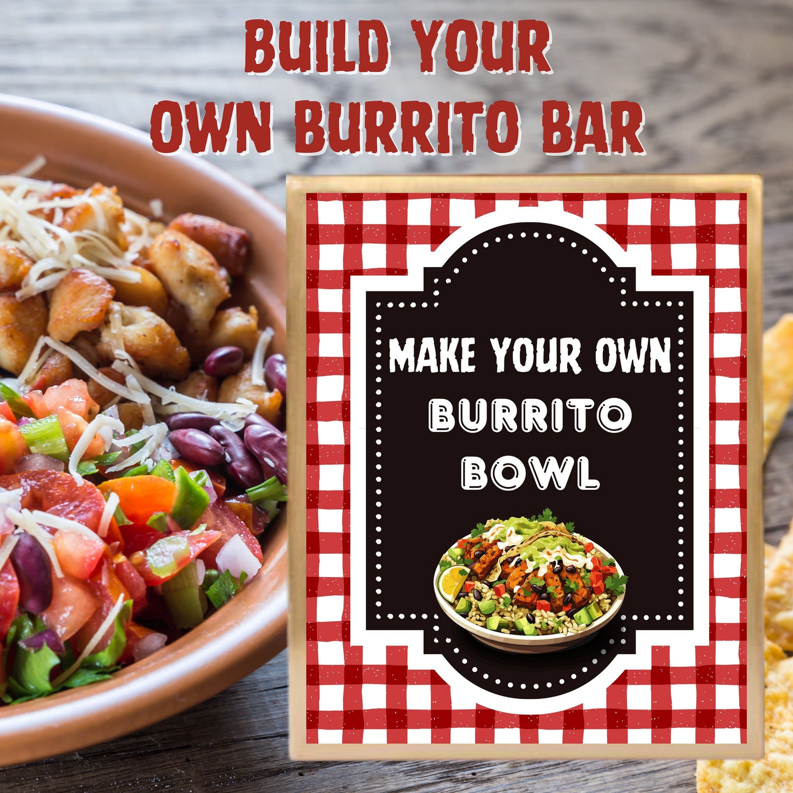Build Your Own Burrito Bowl Bar | Food Bar Buffet Sign, Buffet Cards ...