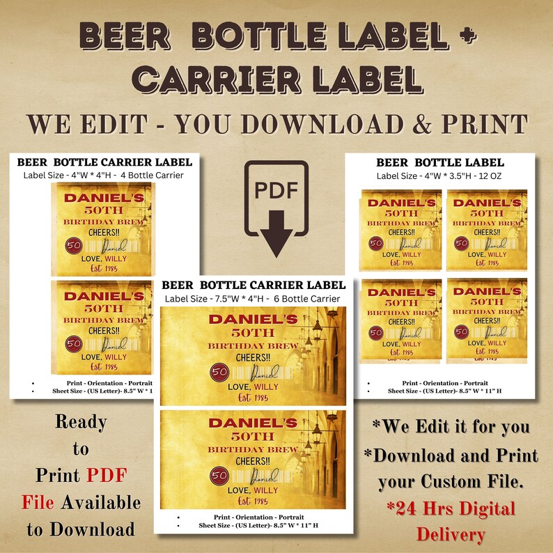 We Edit You Print, Printable Custom BEER Bottle Label 12oz Bottle Carrier Label, Cheers and ...